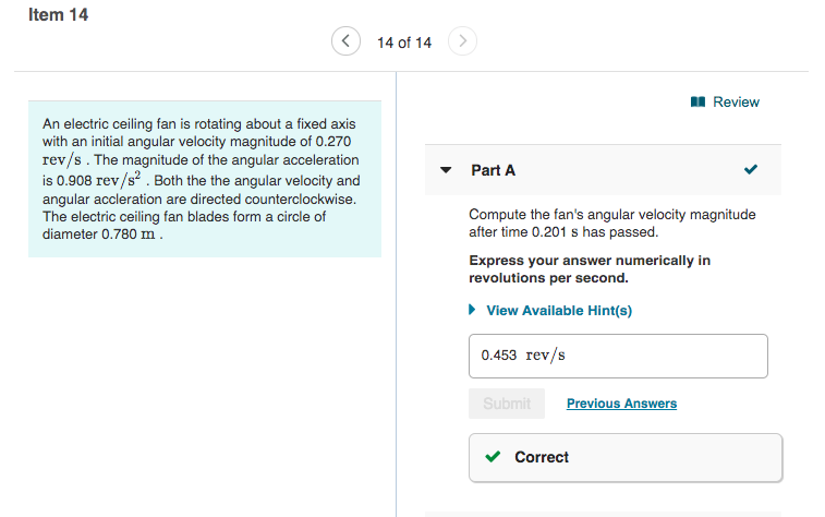 Solved Item 14 14 of 14 Review An electric ceiling fan is | Chegg.com