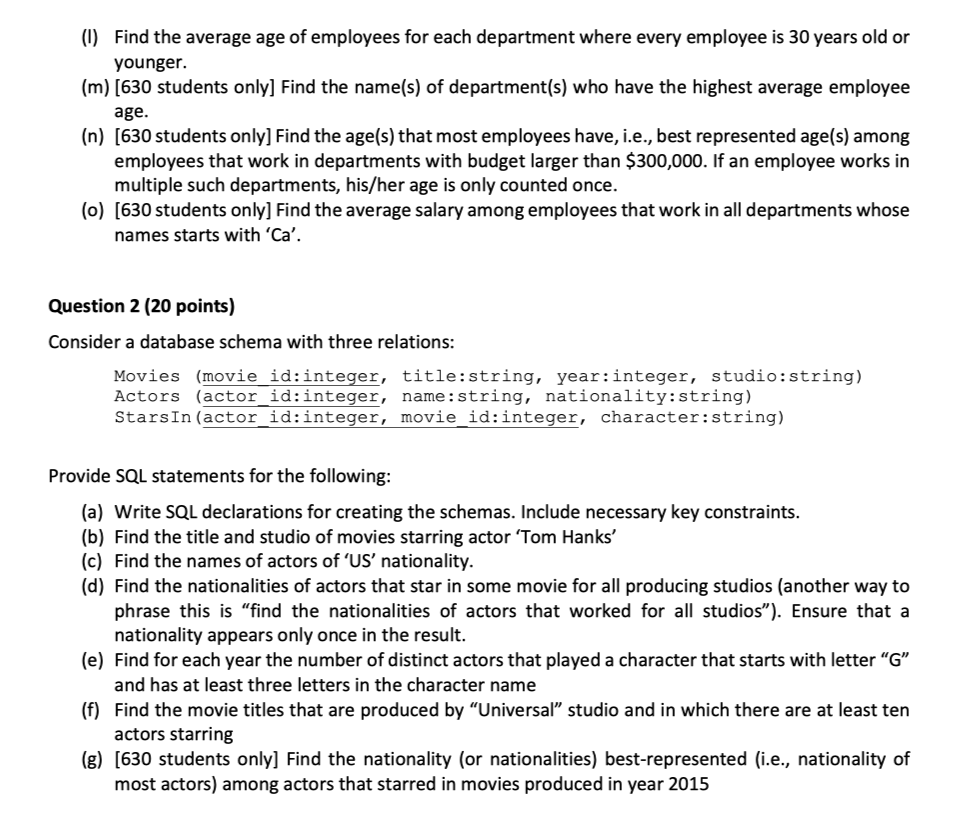 Solved Question 1 (30 points) Consider a database schema | Chegg.com