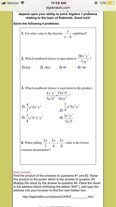 Solved 72% @.D. ll Verizon 11:59 AM algebrabits.com depend | Chegg.com