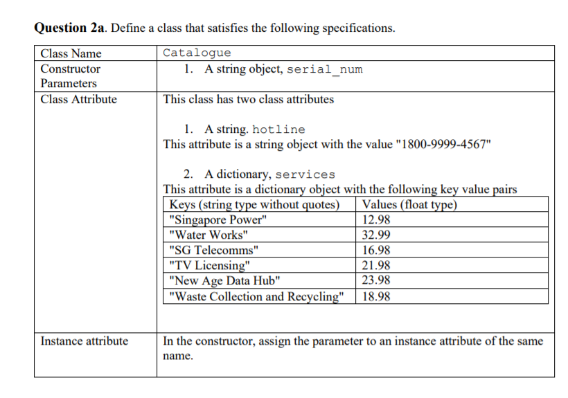 Solved Ouestion 2a. Define a class that satisfies the | Chegg.com