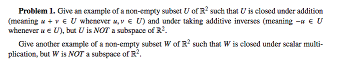 Solved Problem 1. Give an example of a non-empty subset U of | Chegg.com