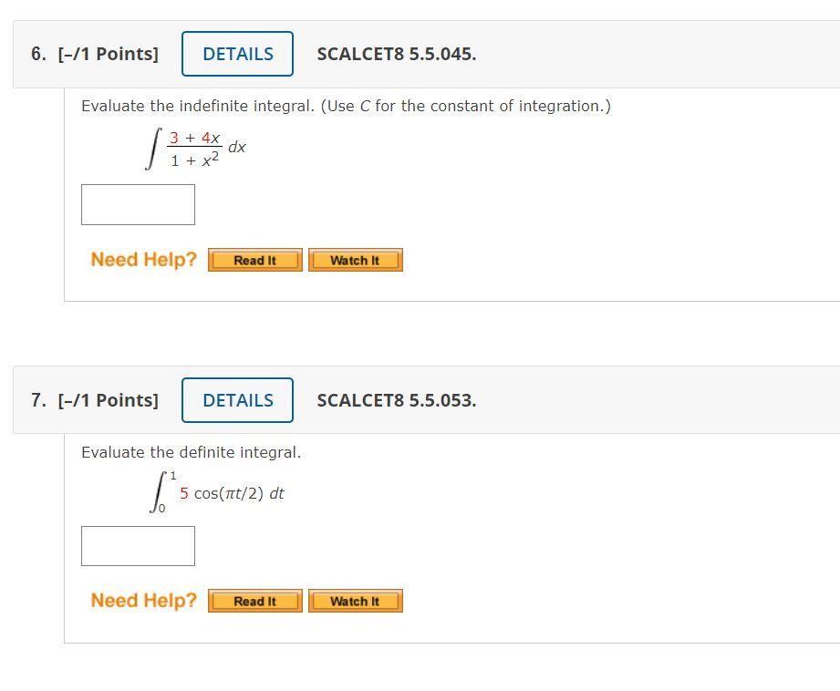 Solved 6. [-/1 Points] DETAILS SCALCET8 5.5.045. Evaluate | Chegg.com