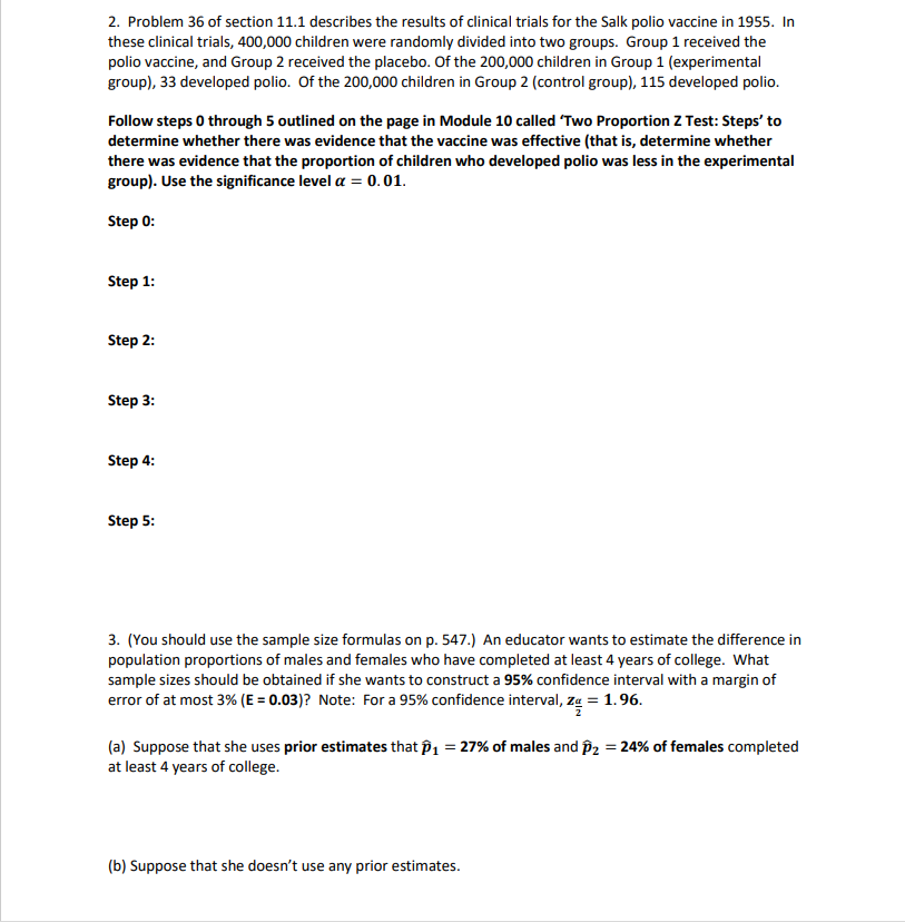 Solved 2. Problem 36 of section 11.1 describes the results | Chegg.com