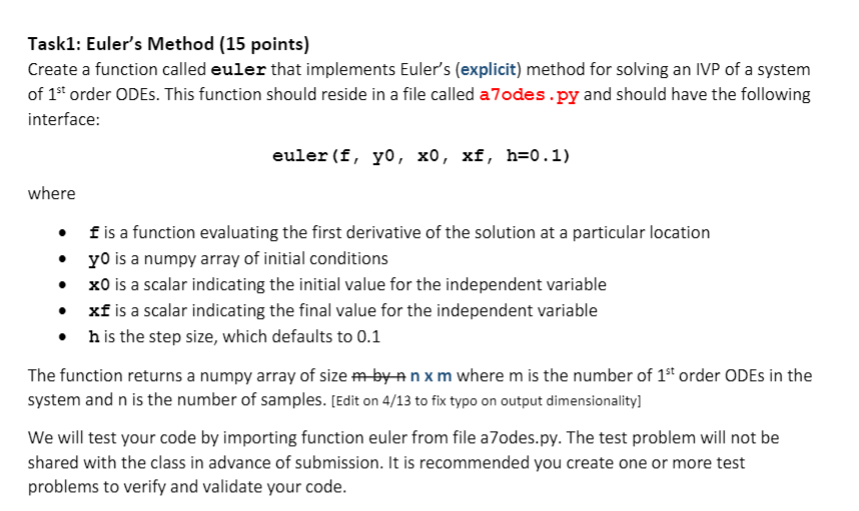 Solved Task1: Euler's Method (15 points) Create a function | Chegg.com