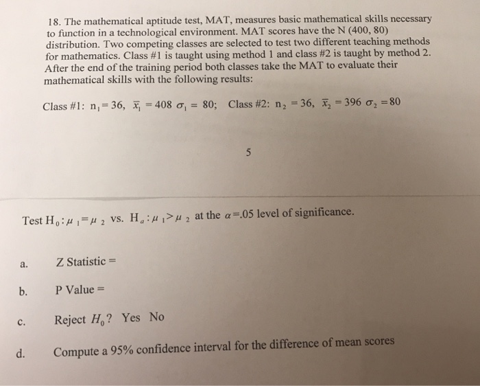 Solved The mathematical aptitude test, MAT, measures basic | Chegg.com