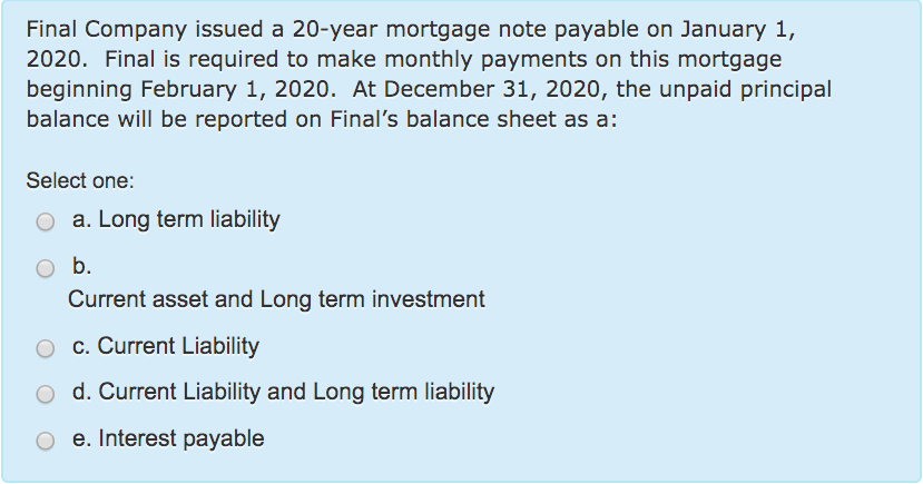 Solved Final Company issued a 20-year mortgage note payable | Chegg.com