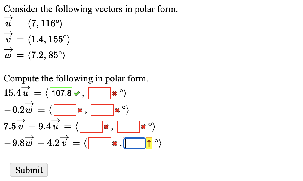 Solved = Consider the following vectors in polar form. T = | Chegg.com