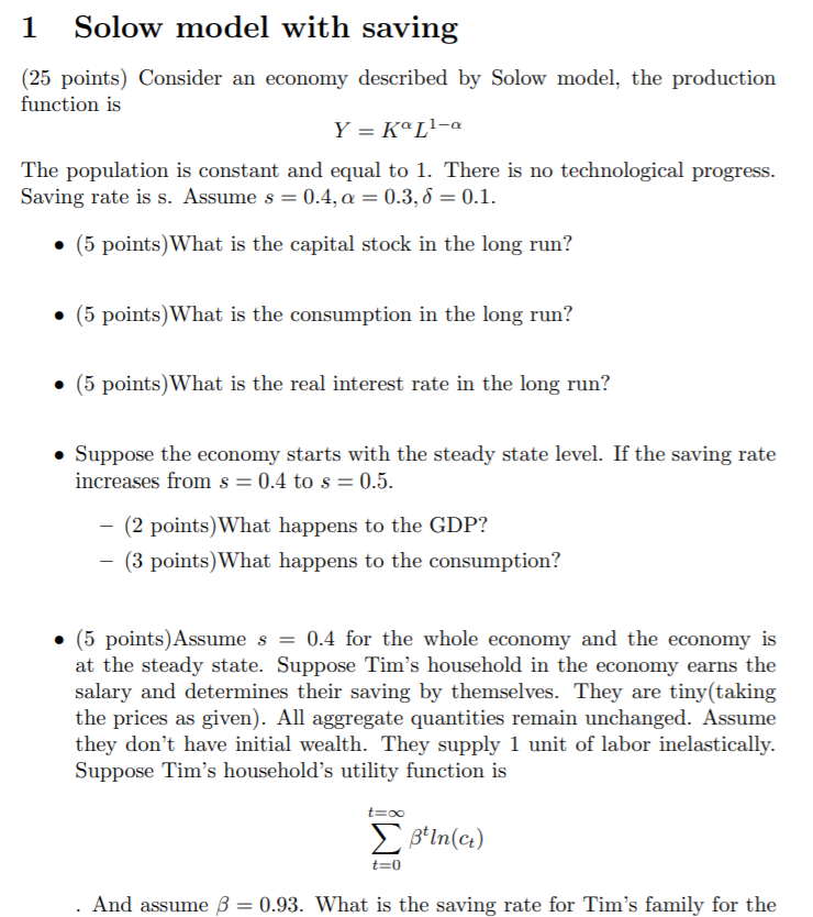Solved 1 Solow model with saving (25 points) Consider an | Chegg.com