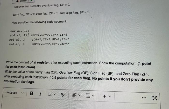 Solved Assume That Currently Overflow Flag Of 0 Carry