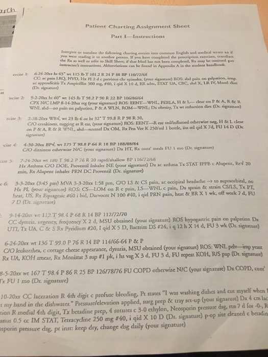 rth Patient Charting Assignment Sheet Part | Chegg.com