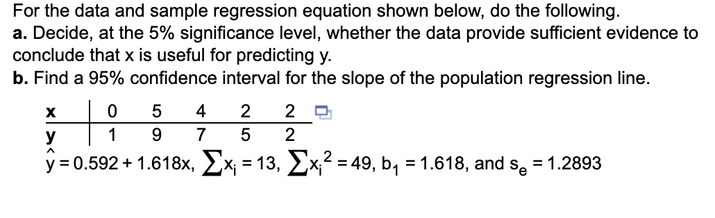Solved For the data and sample regression equation shown | Chegg.com
