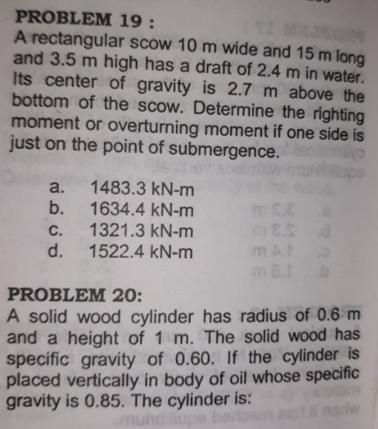 Solved PROBLEM 19 : A rectangular scow 10 m wide and 15 m | Chegg.com