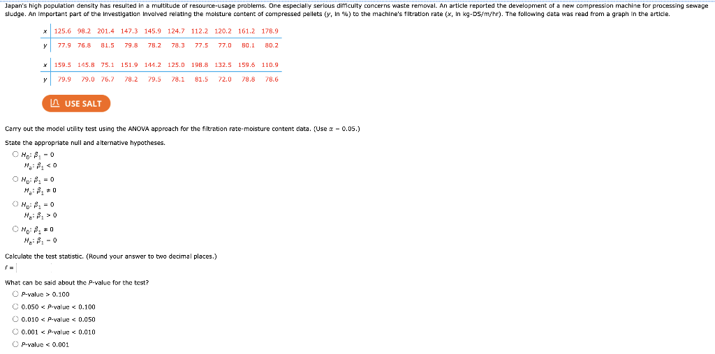 Carry out the model utility test using the ANOVA | Chegg.com
