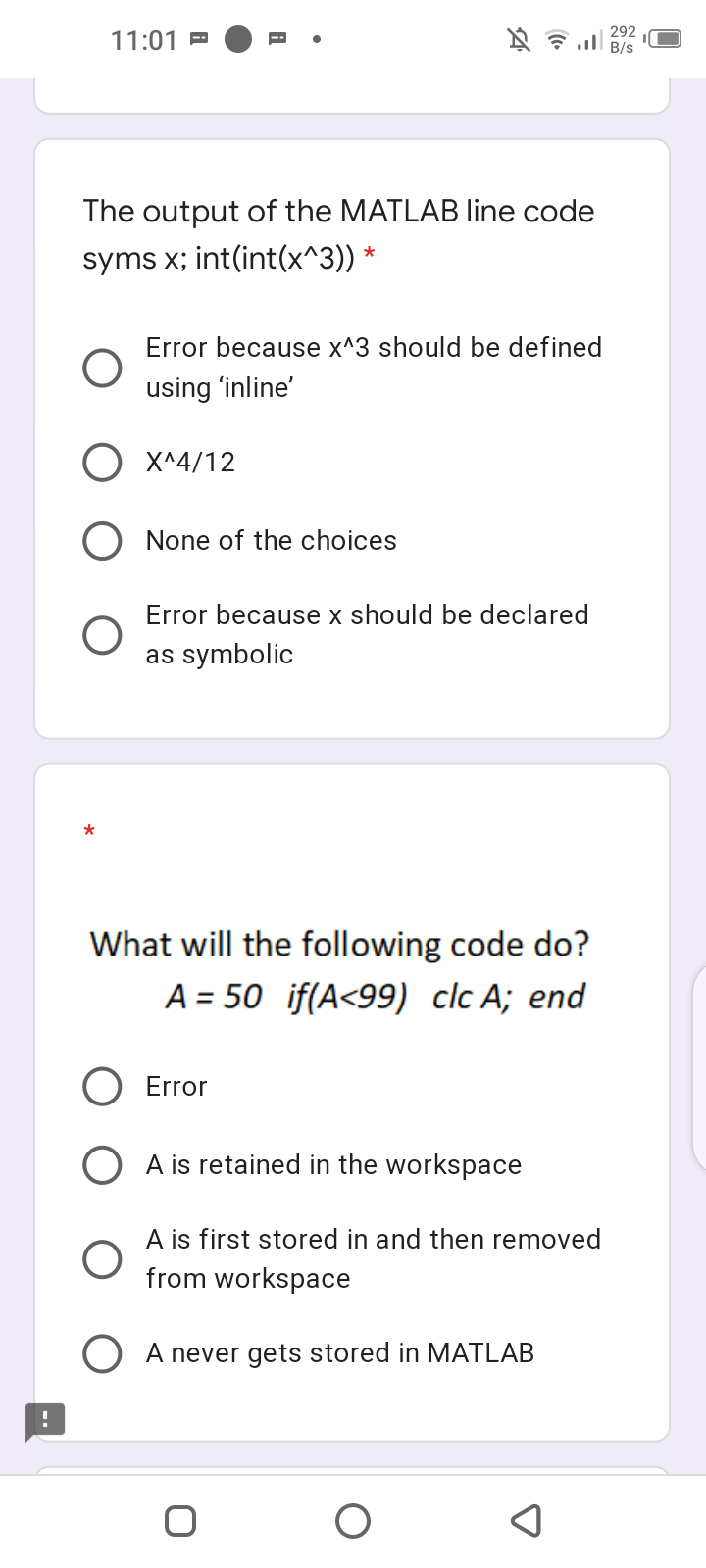 Solved 292 11:01 § 2.11 B/S The output of the MATLAB line | Chegg.com
