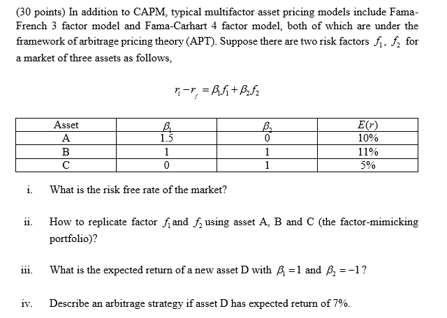 (30 points) In addition to CAPM. typical multifactor | Chegg.com