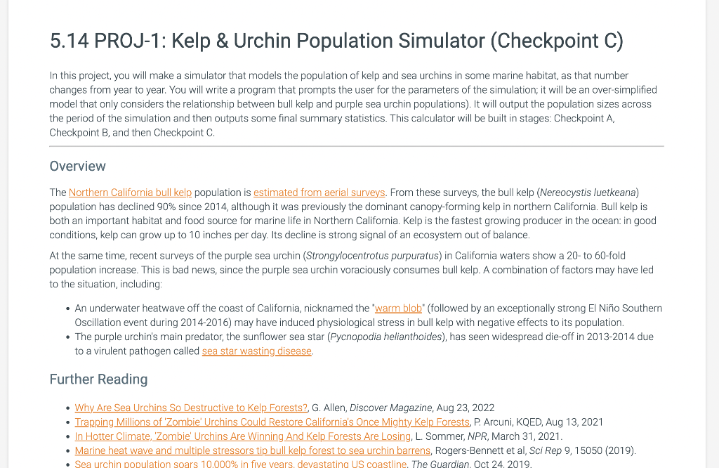 Solved 5.14 PROJ-1: Kelp \& Urchin Population Simulator | Chegg.com