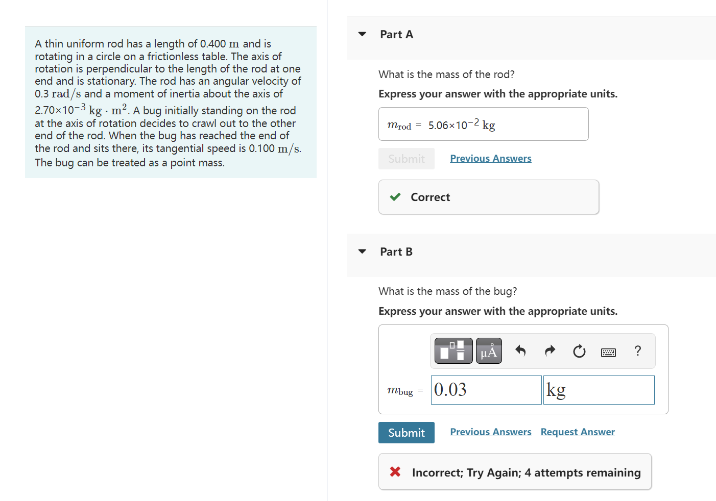 Solved A thin uniform rod has a length of 0.400 m and is | Chegg.com