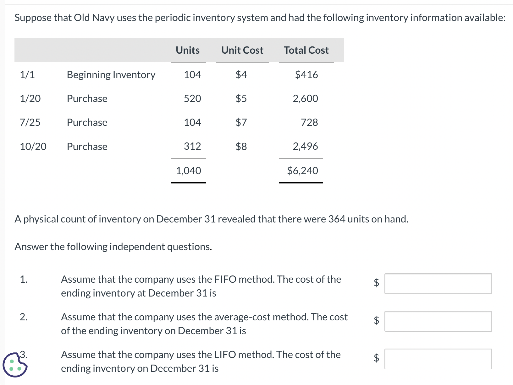 Solved Suppose that Old Navy uses the periodic inventory | Chegg.com