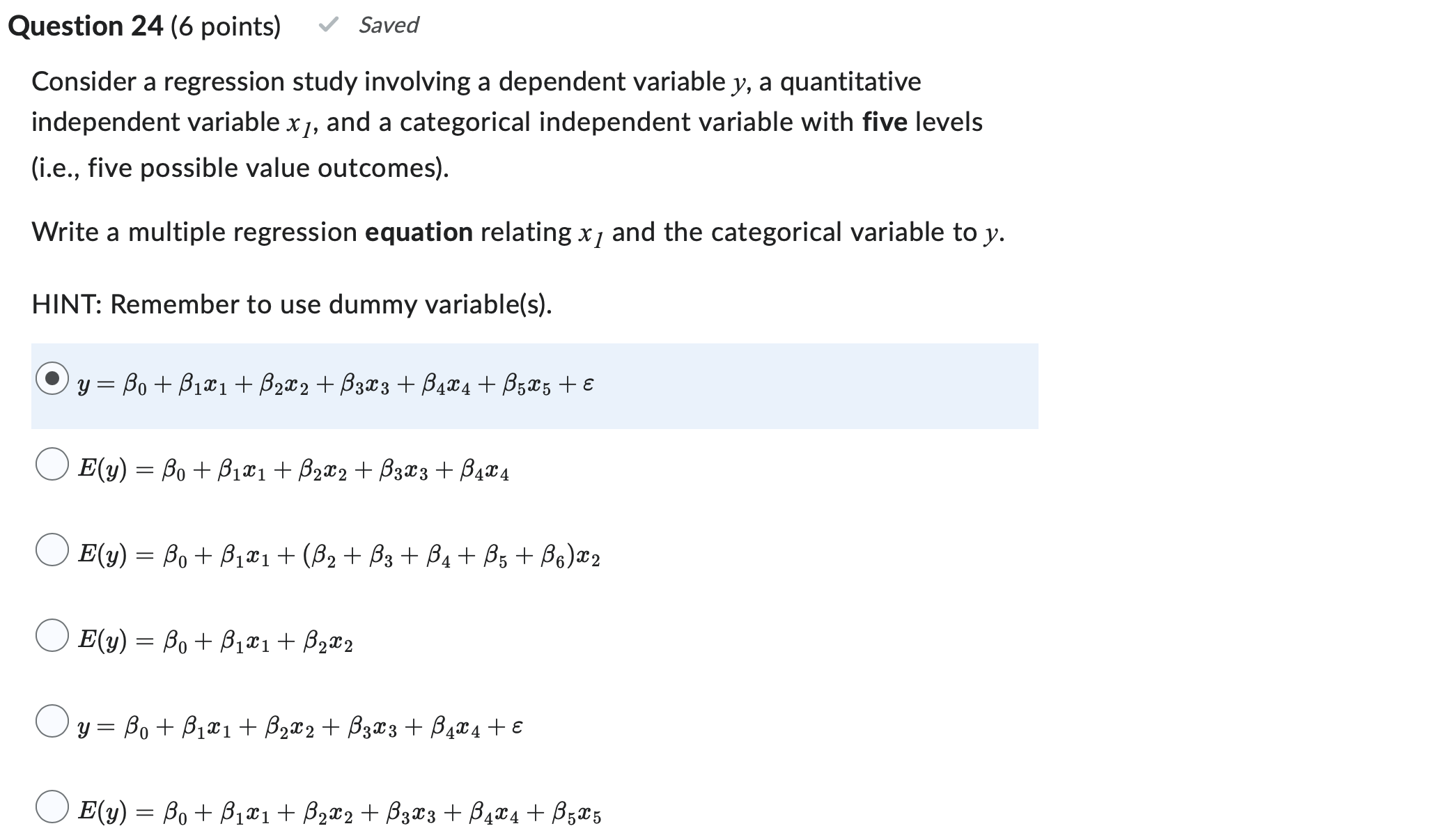 Solved Question 24 (6 ﻿points)Consider a regression study | Chegg.com