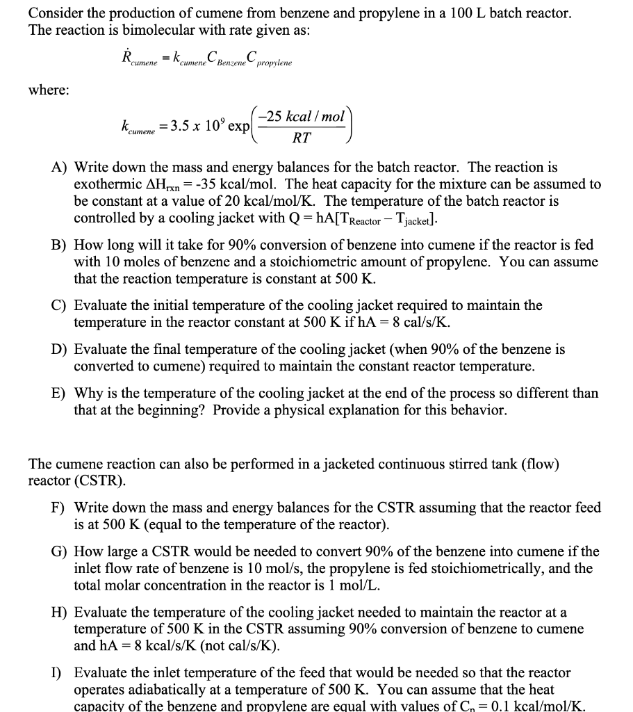 Consider the production of cumene from benzene and | Chegg.com