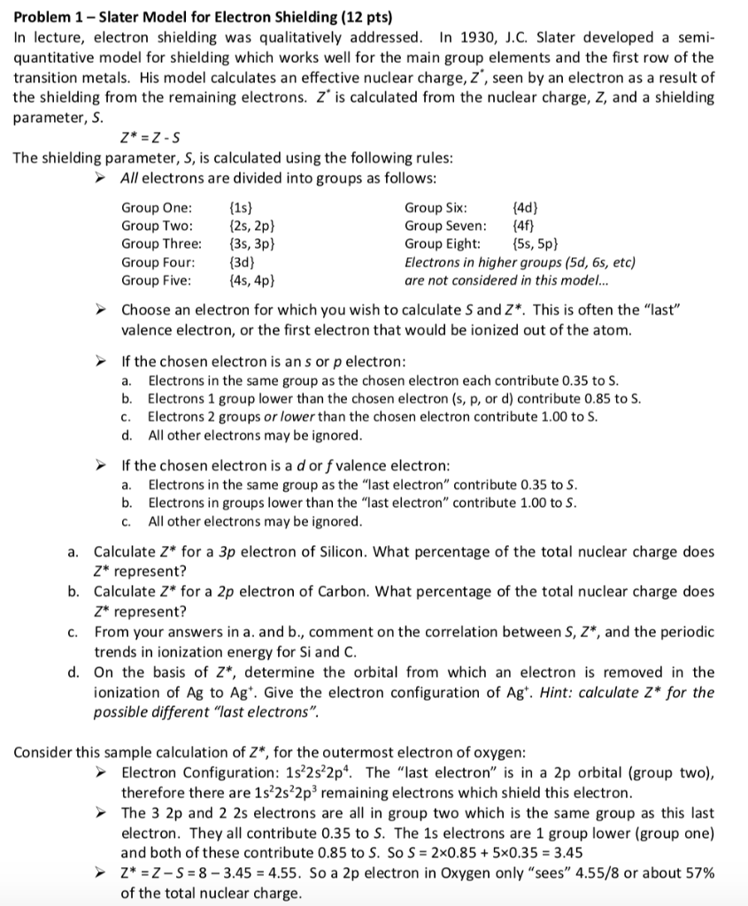 Solved Problem 1-Slater Model for Electron Shielding (12 | Chegg.com