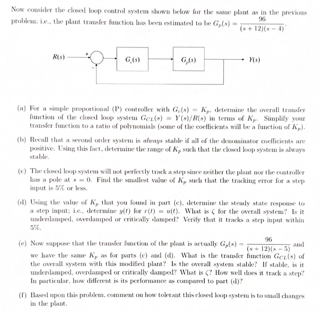 Solved Now consider the closed loop control system shown | Chegg.com