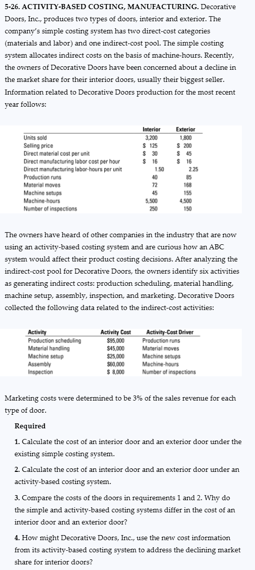 Solved 5-26. ﻿ACTIVITY-BASED COSTING, MANUFACTURING. | Chegg.com