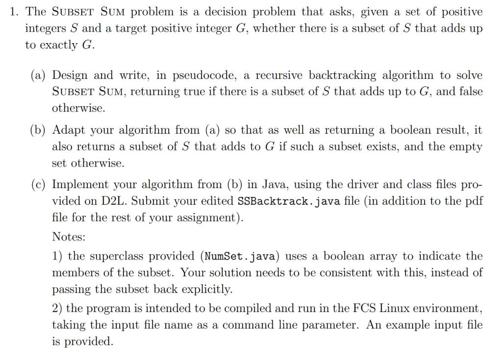 1. The SUBSET SUM problem is a decision problem that | Chegg.com