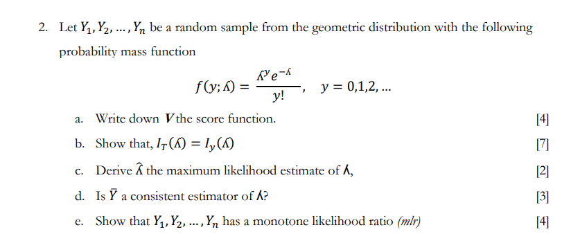 Solved 2. Let Y1,Y2,…,Yn be a random sample from the | Chegg.com