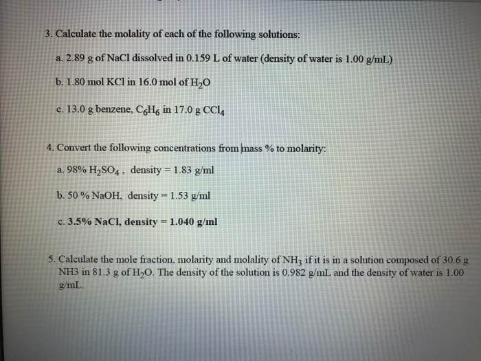 Solved 3. Calculate the molality of each of the following | Chegg.com