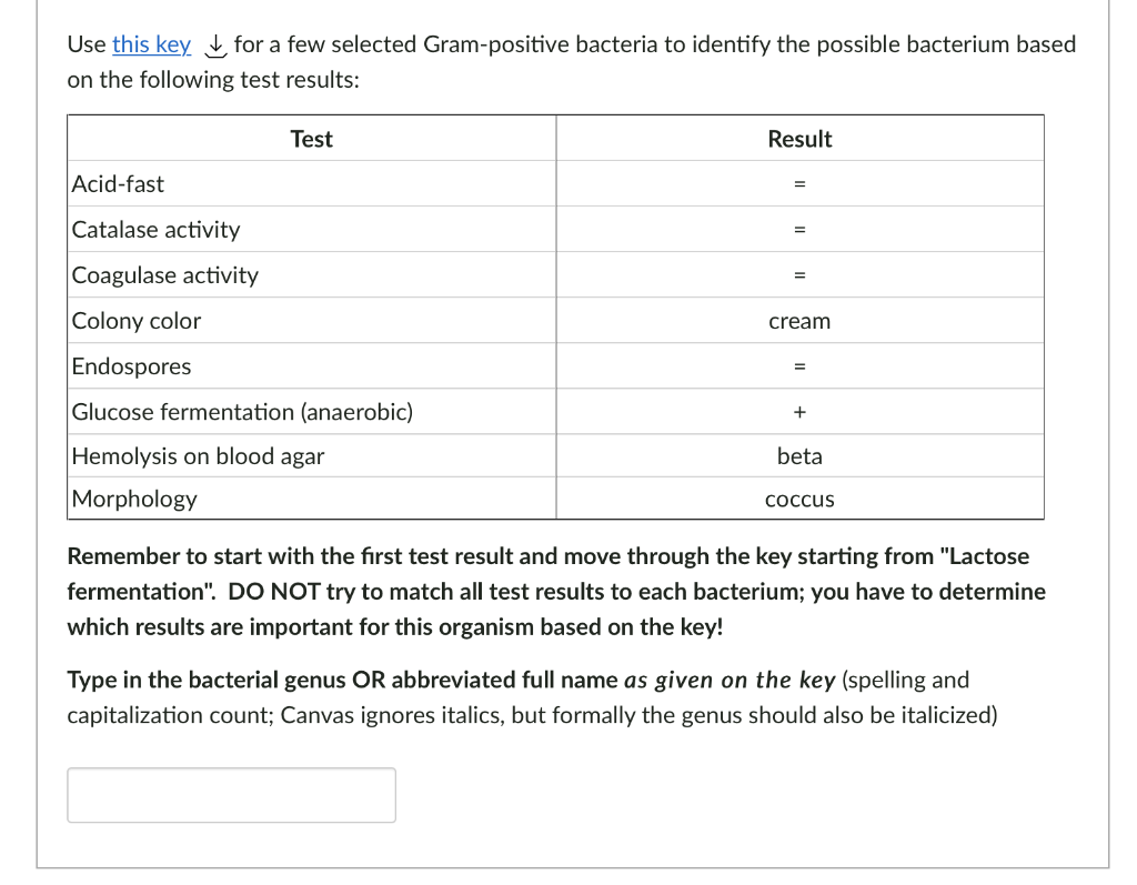 Solved Dichotomous key for some Gram-positive bacteria Cell | Chegg.com