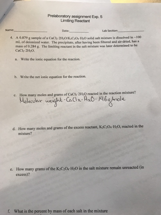 Solved Prelaboratory Assignment Exp 5 Limiting Reactant
