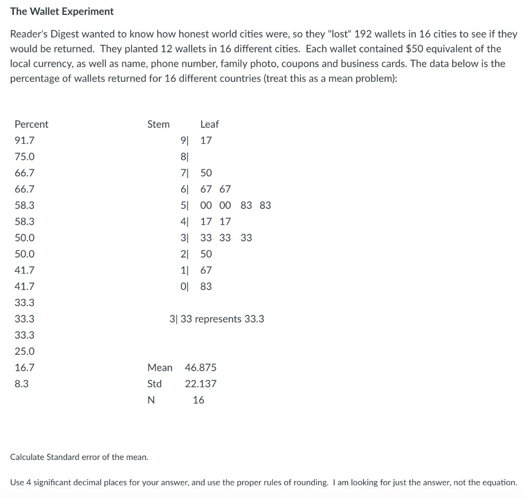 Solved The Wallet Experiment Reader's Digest wanted to know | Chegg.com