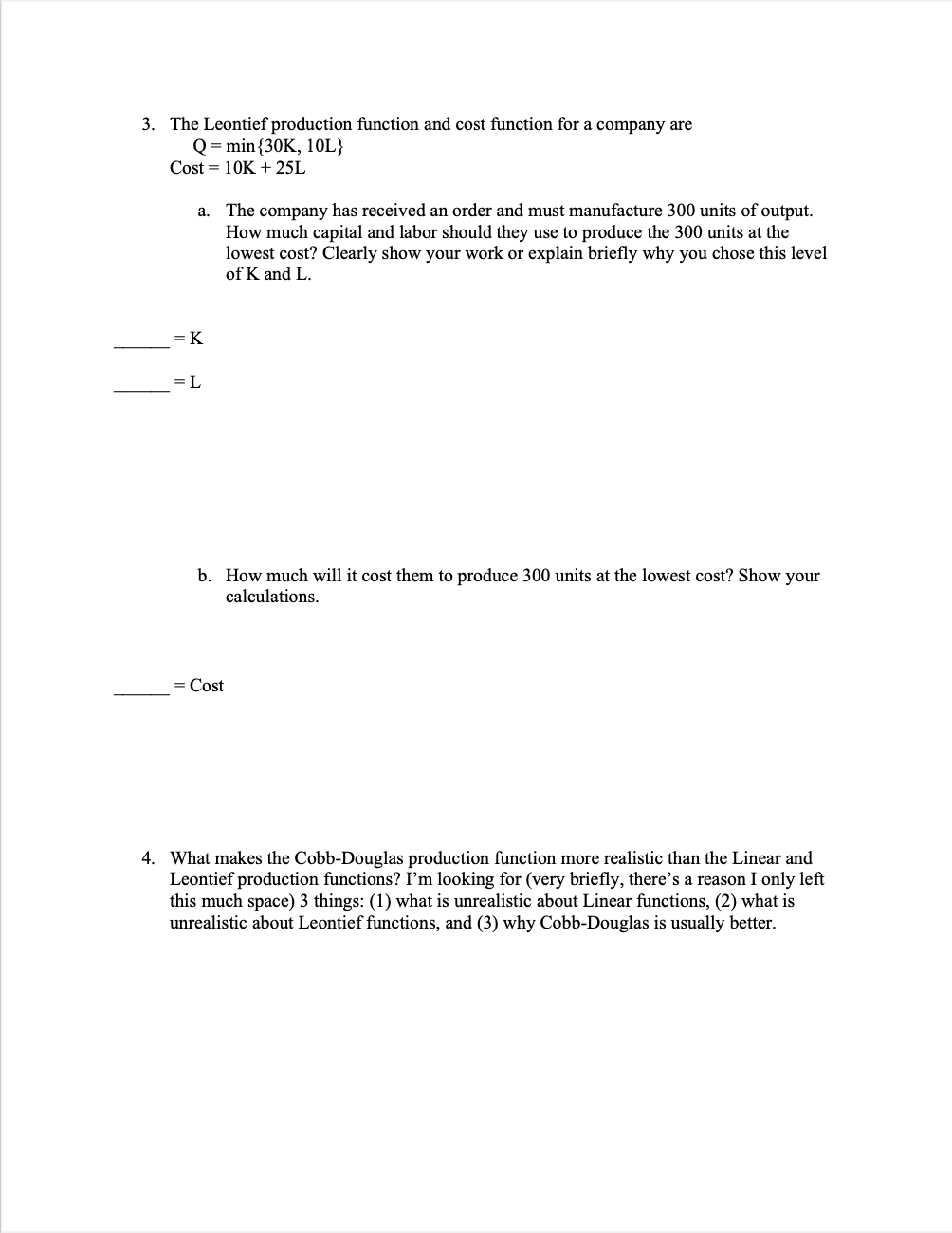 Solved 3. The Leontief production function and cost function | Chegg.com