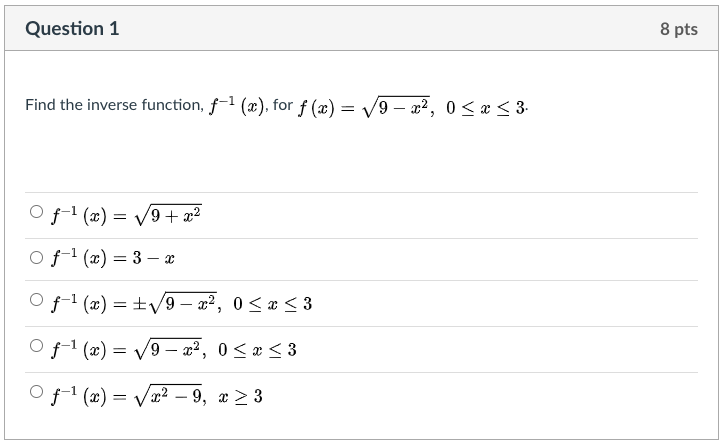 Solved Question 1 8 pts Find the inverse function, f-1 (x), | Chegg.com