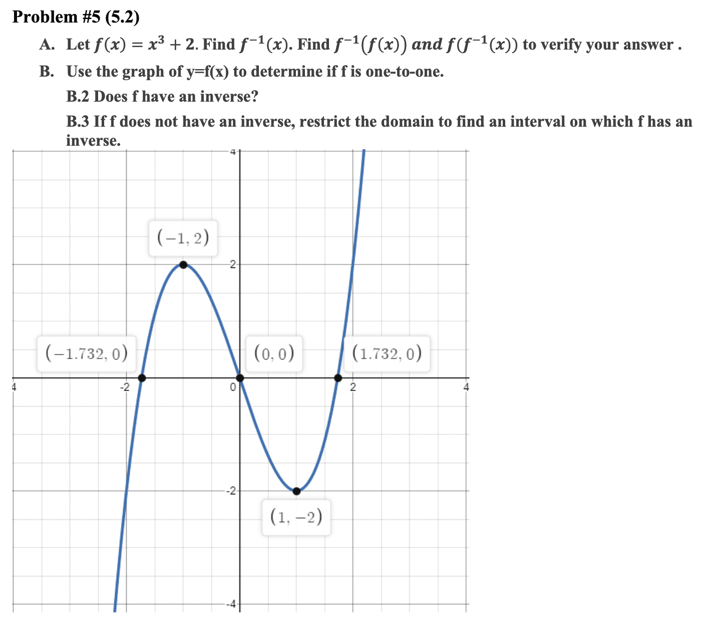 Solved Problem \#5 (5.2) A. Let f(x)=x3+2. Find f−1(x). Find | Chegg.com