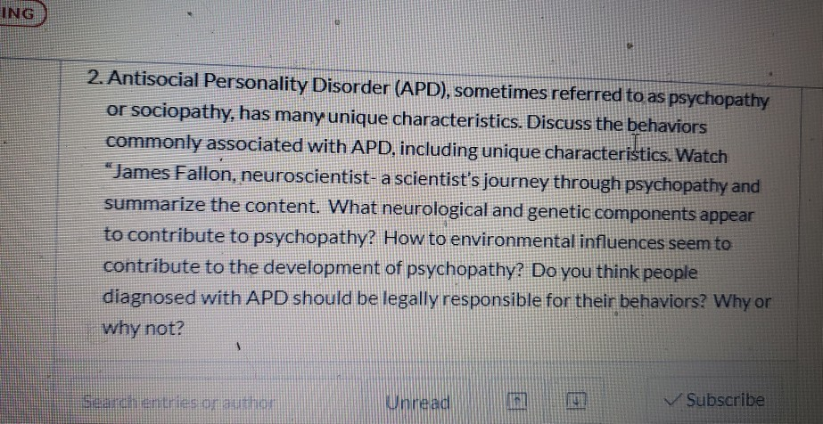 Solved ING 2. Antisocial Personality Disorder (APD), | Chegg.com