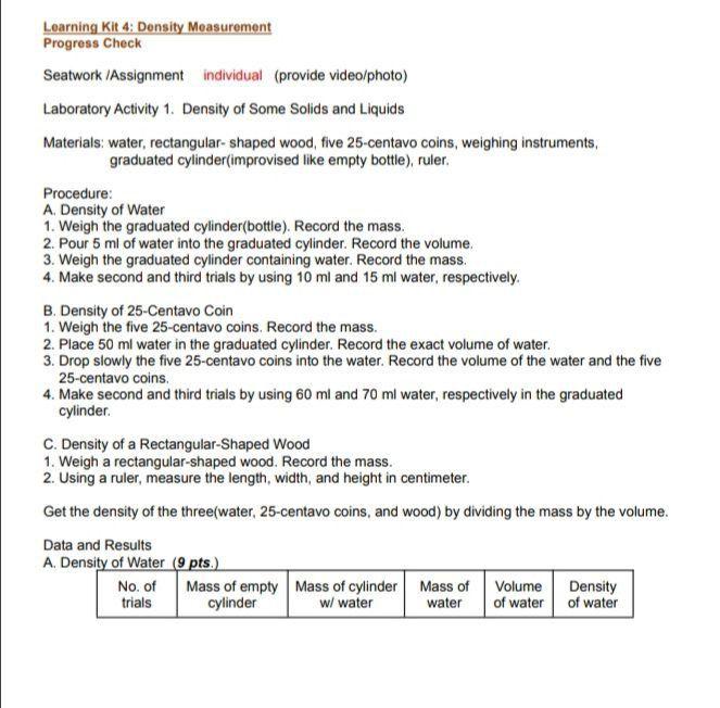 Solved Learning Kit 4: Density Measurement Progress Check | Chegg.com
