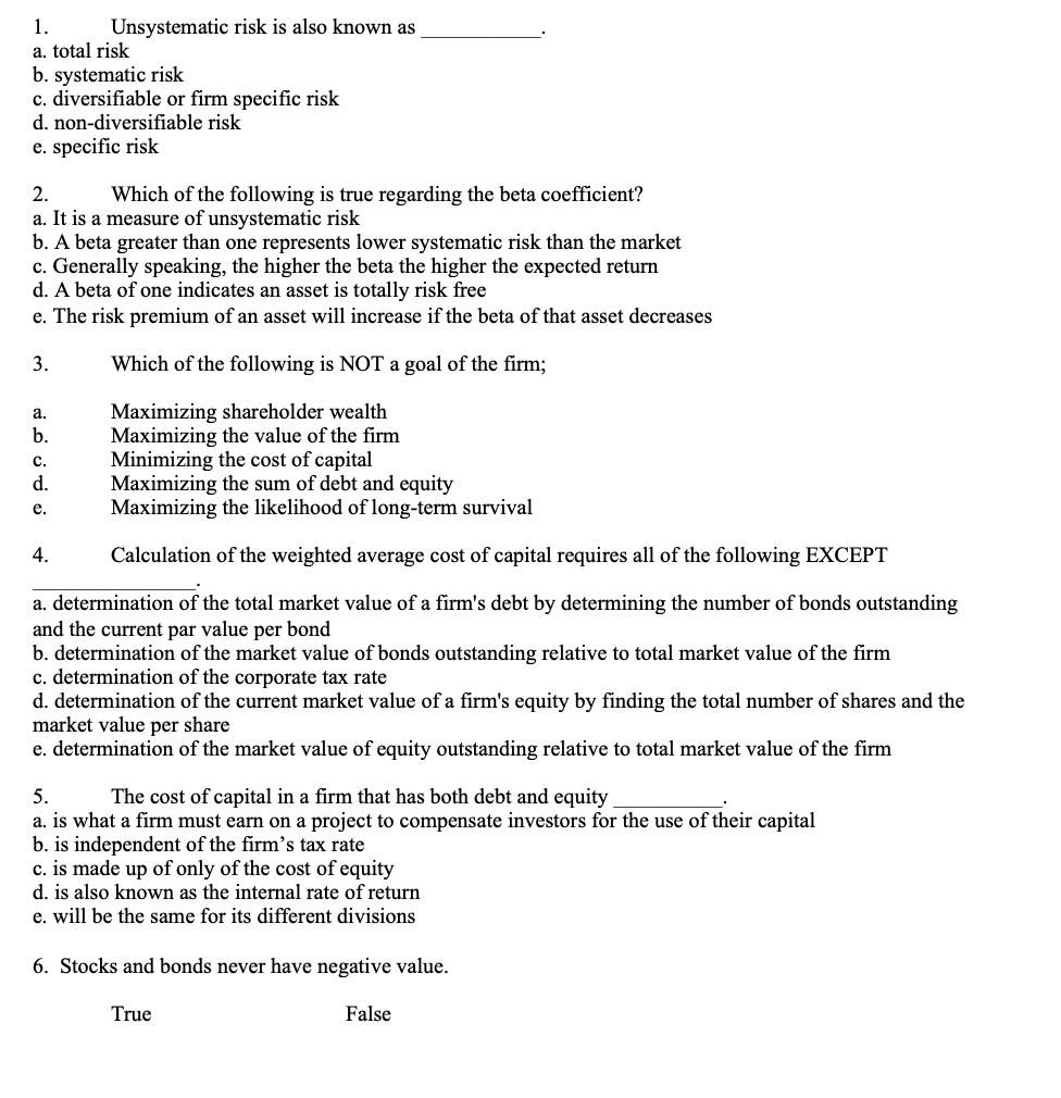 Solved 1. a. total risk b. systematic risk c. diversifiable | Chegg.com