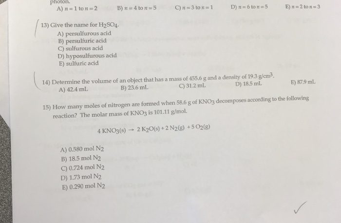 Solved photon. 13) Give the name for H2SO4. A) persulfurous | Chegg.com