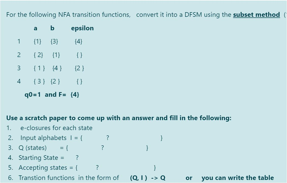 Solved For the following NFA transition functions, convert | Chegg.com