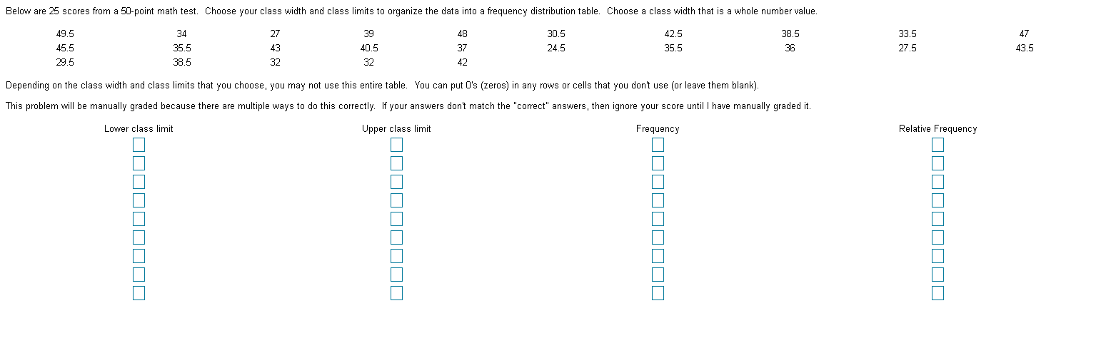 Solved Below are 25 scores from a 50-point math test. Choose | Chegg.com