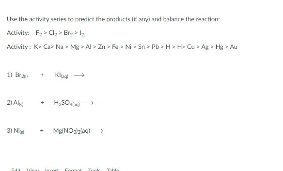 Solved Use the activity series to predict the products (if | Chegg.com
