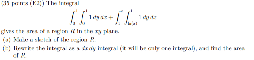 Solved (35 points (E2)) The integral [ L'1 dy dx + [ 1 dy | Chegg.com