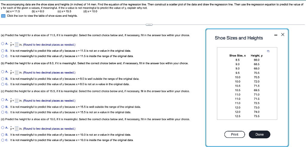 Solved The accompanying data are the shoe sizes and heights | Chegg.com