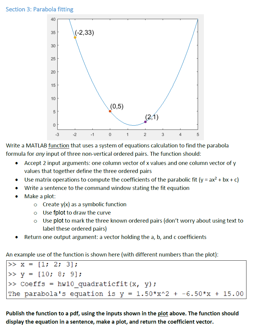 Solved Section 3: Parabola fitting Write a MATLAB function | Chegg.com