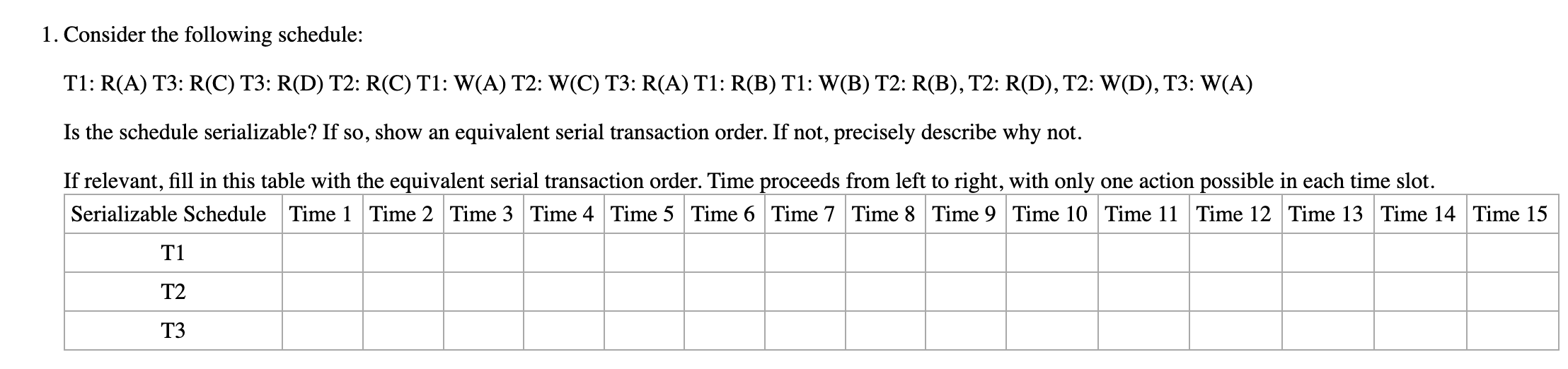 Solved 1. Consider the following schedule: T1: R(A) T3: R(C) | Chegg.com