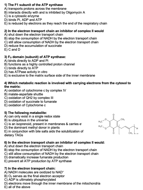 Solved 1) The F1 subunit of the ATP synthase A) transports | Chegg.com