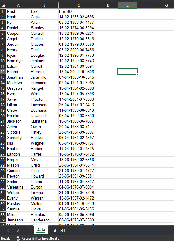 Solved a. Create a new set of data in the file llemployees | Chegg.com