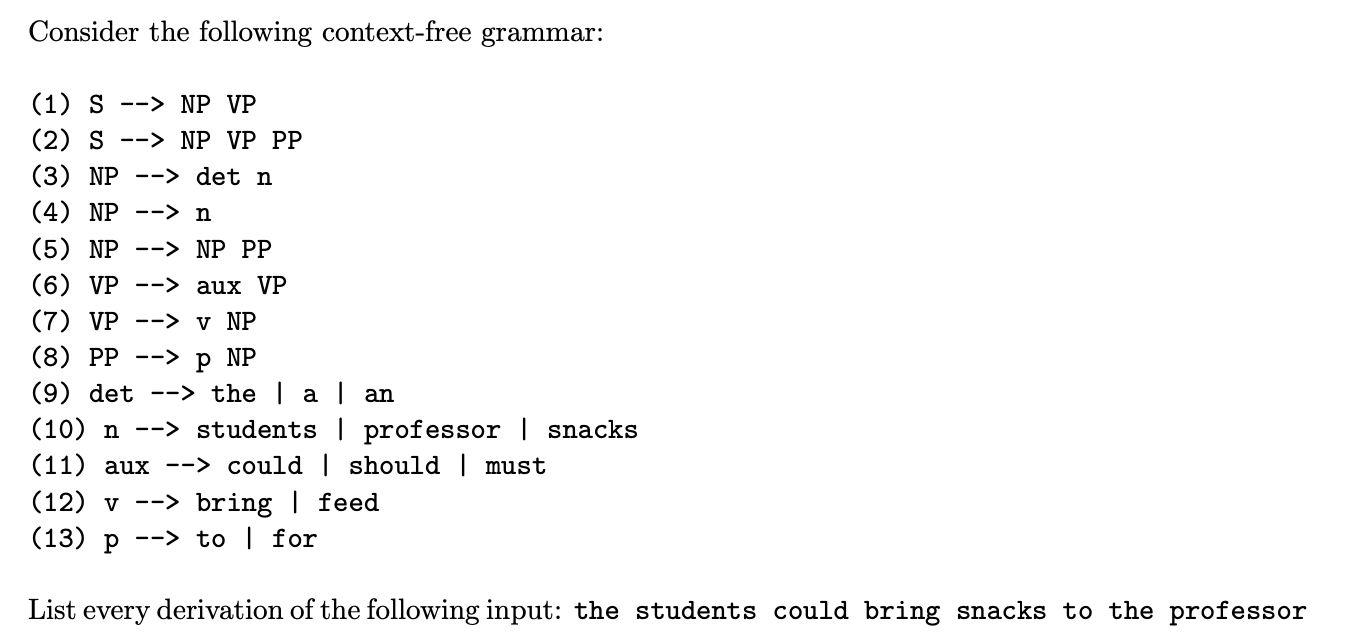Solved Consider the following context-free grammar: (1) S→NP | Chegg.com